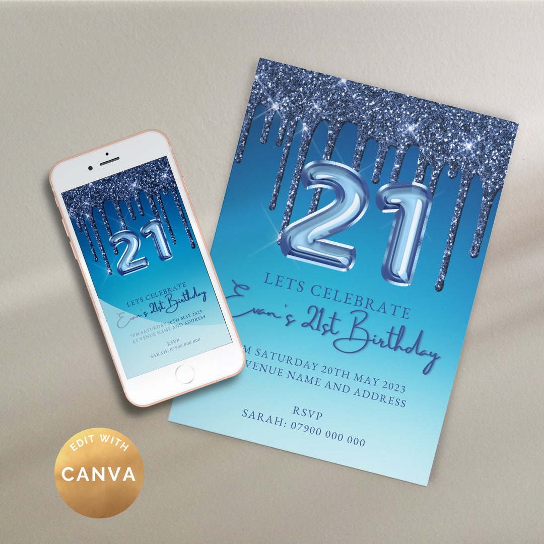 21st Birthday Party Invitation, Navy Blue Teal Glitter Foil Balloon ...