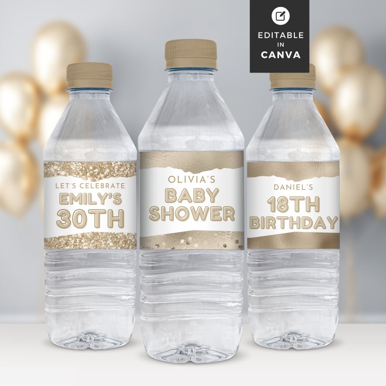 Champagne Gold Water Bottle Labels, Drink Favour, Birthday Party ...