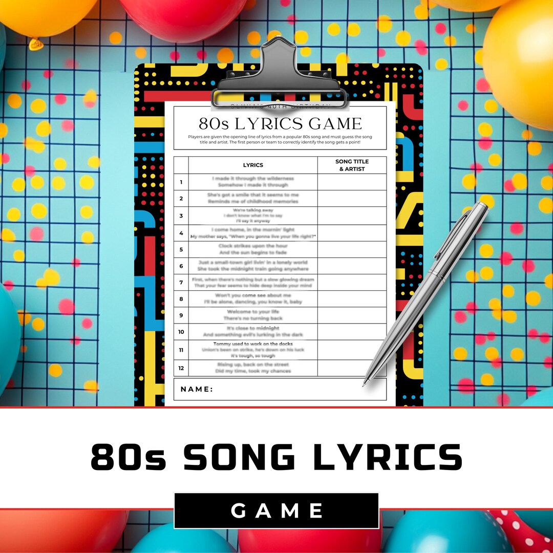 Born in the 80s Game, Music Lyrics Activity 1980s Party, 40th Birthday ...