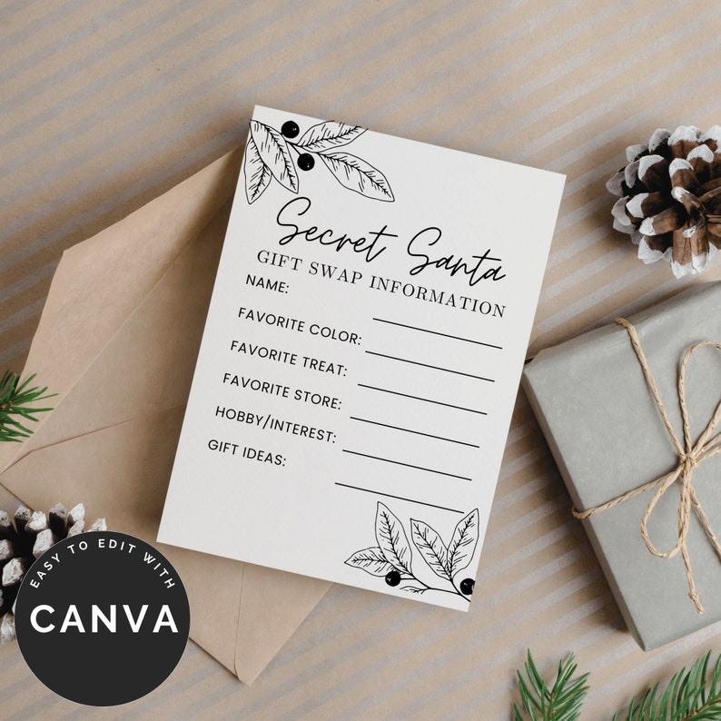 Secret Santa Questionnaire, Holiday Gift Exchange Card, Xmas Party ...