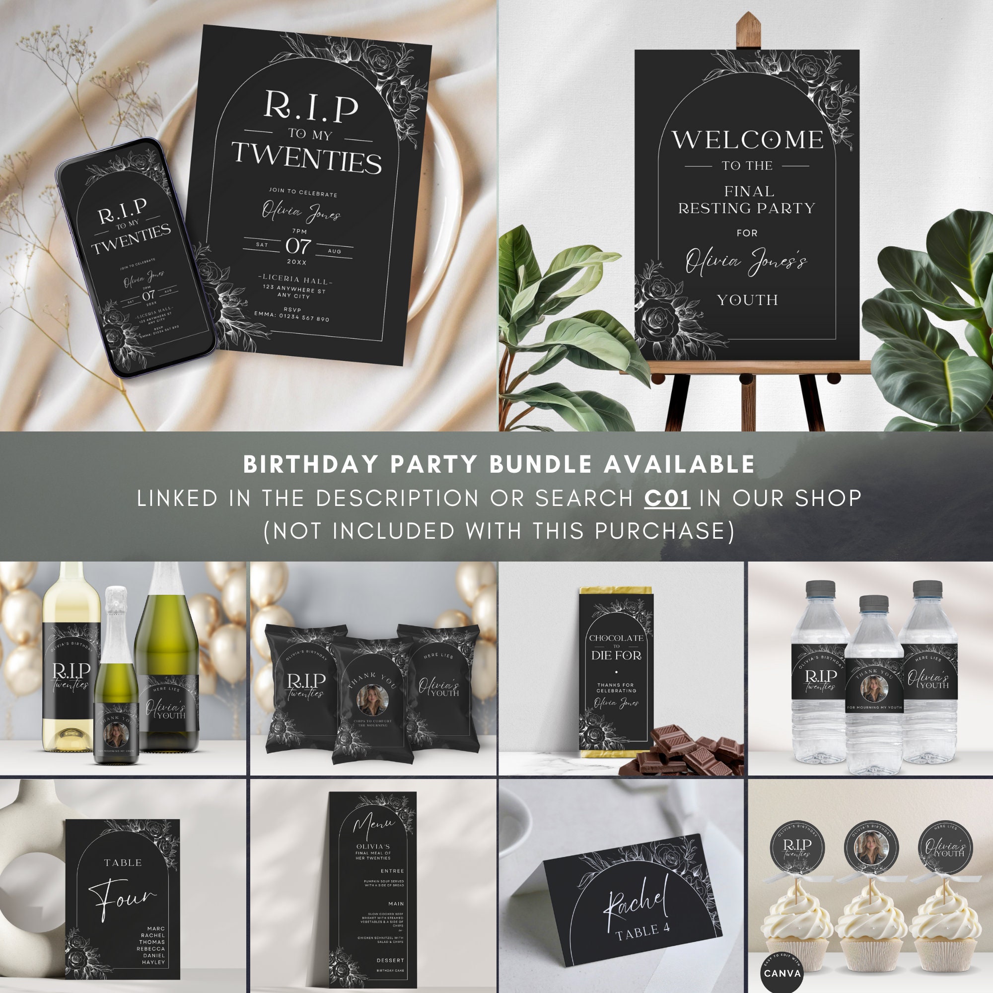 RIP Twenties Table Numbers, Gothic Black & White Floral 30th Birthday ...