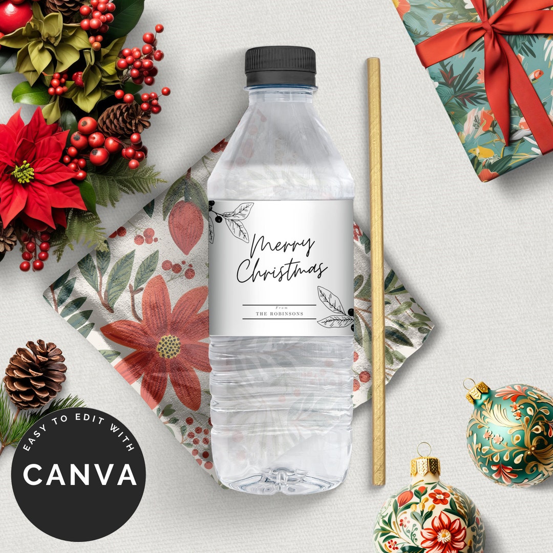 Christmas Water Bottle Labels, Holiday Dinner Party, Drink Favour ...