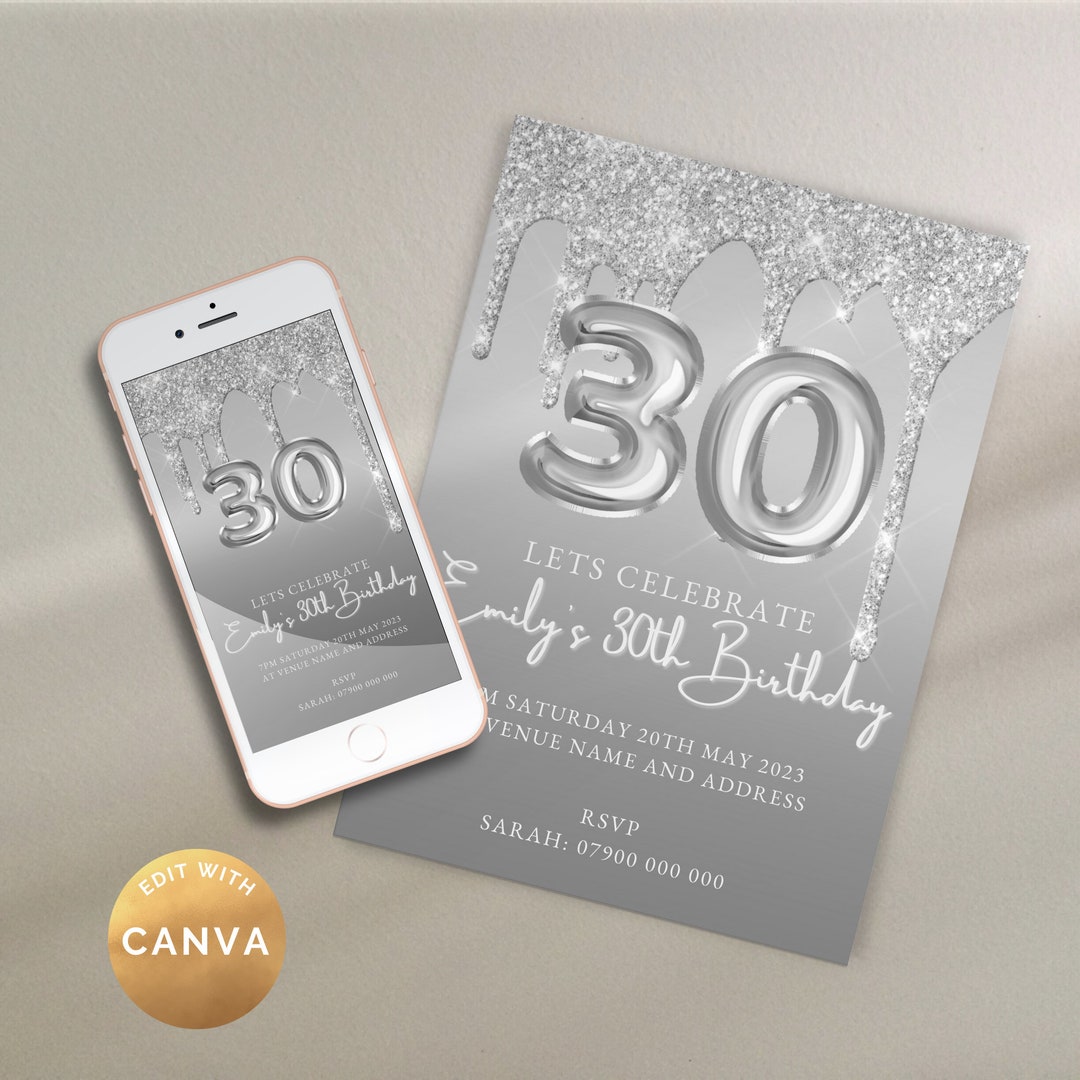 30th Birthday Party Invitation, Metallic Silver Glitter Foil Balloon ...