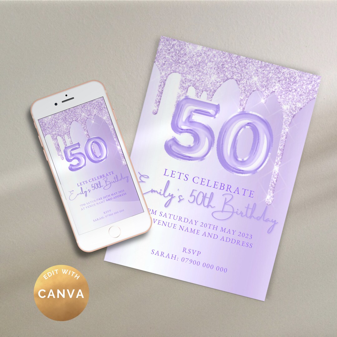 50th Birthday Party Invitation, Lavender Lilac Glitter Foil Balloon ...