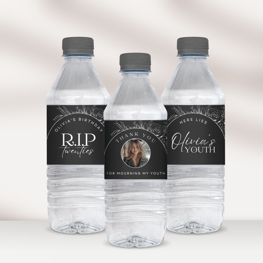 RIP Twenties Water Bottle Labels, Custom Drink Tag, Black & White ...