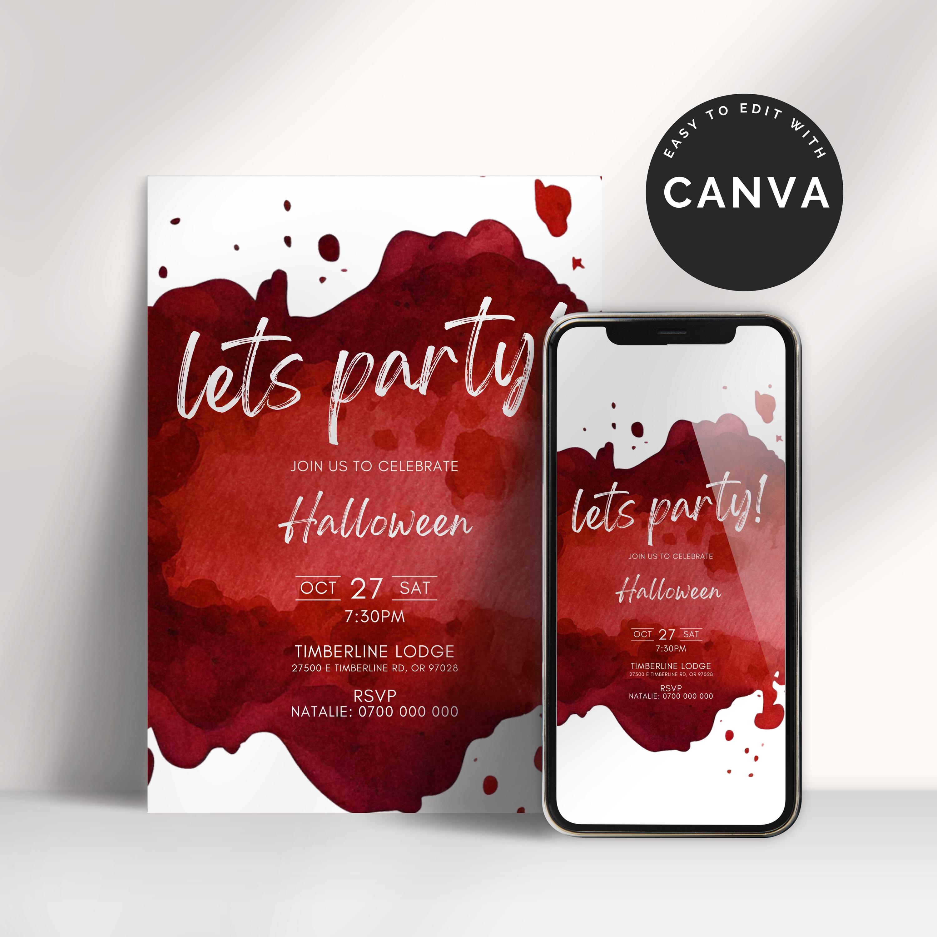 Halloween Party Invitation - Blood Splatter Red Splash Horror Theme ...