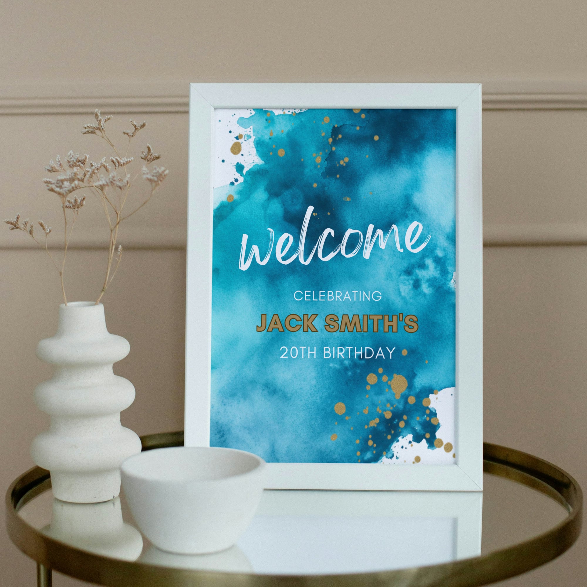 Teal Welcome Sign, Blue and Gold Watercolor Poster With Photo, Greeting ...