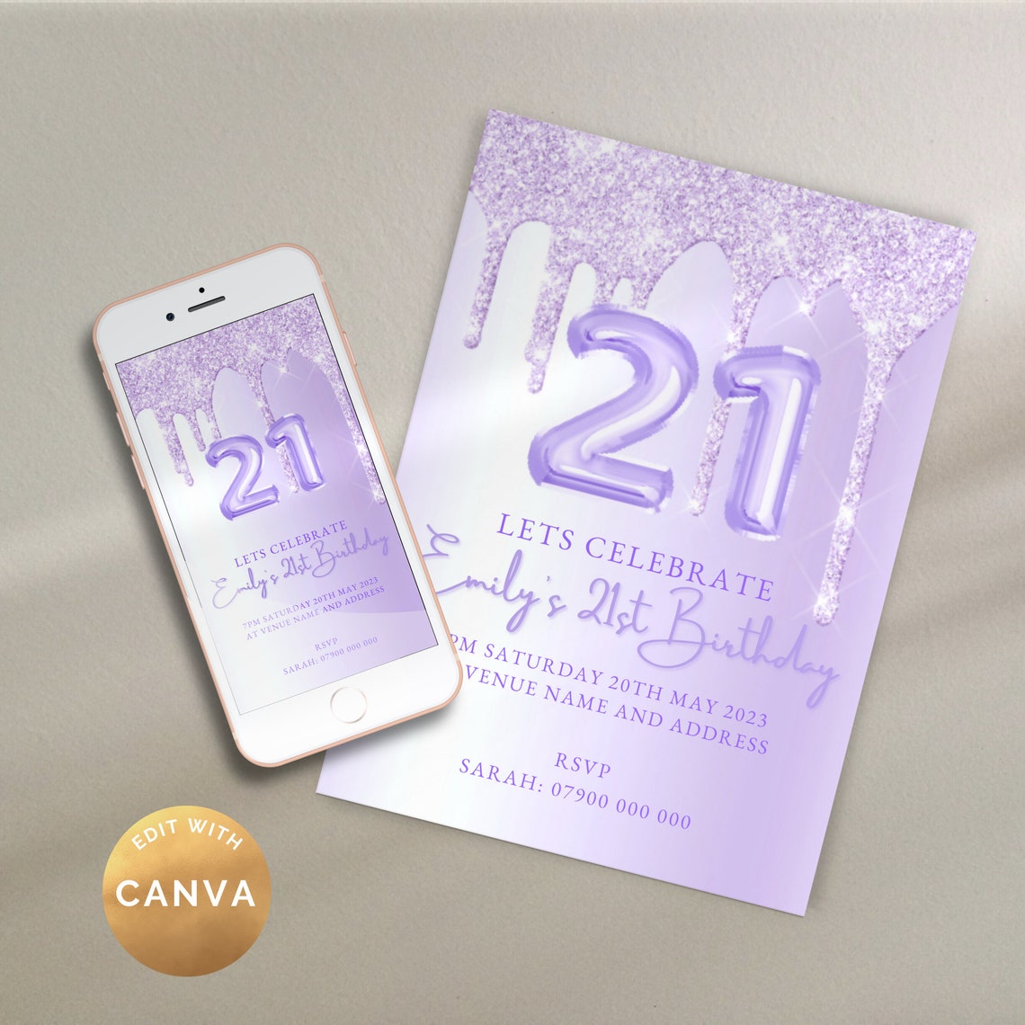 21st Birthday Party Invitation, Lavender Lilac Glitter Foil Balloon ...