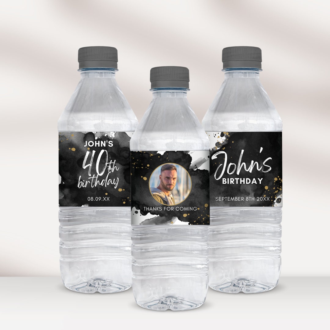 Black and Gold Water Bottle Labels, Custom Drink Tag, Birthday Party ...