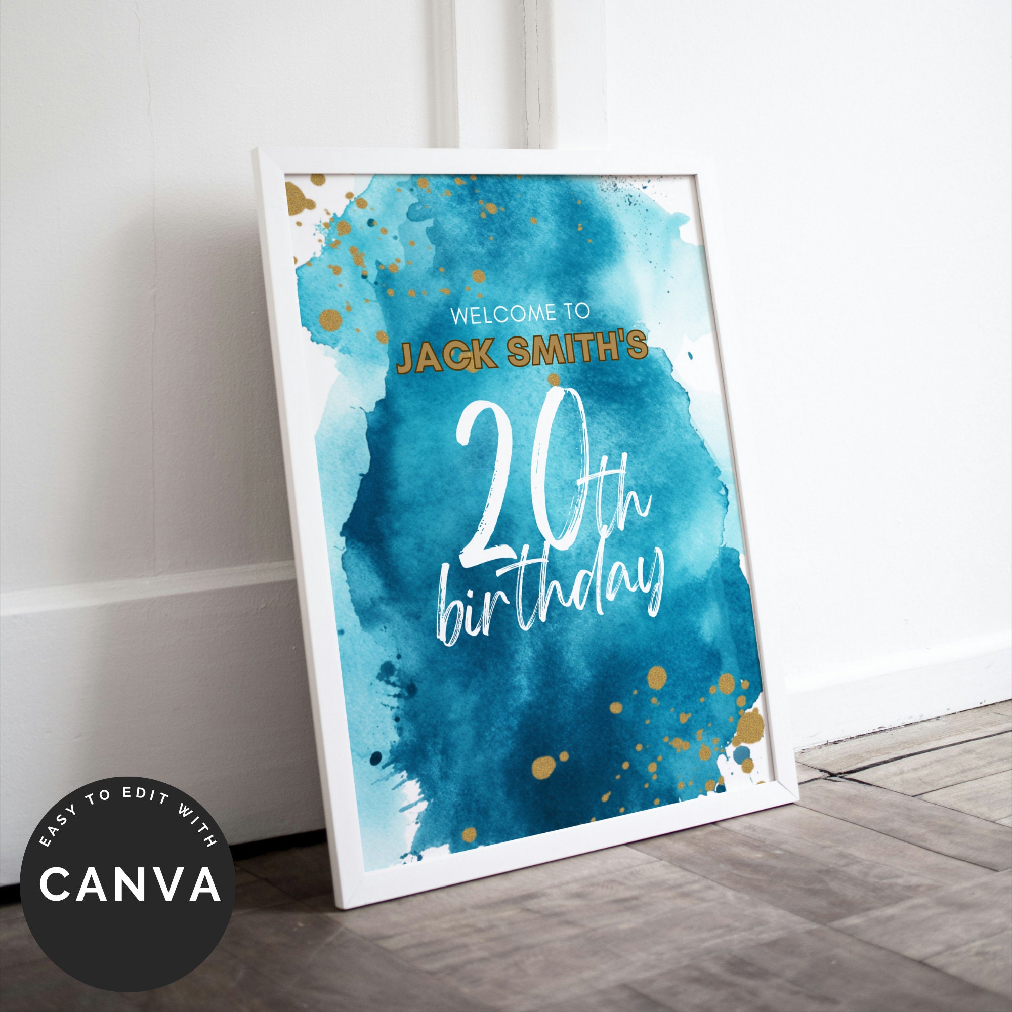 Teal Welcome Sign, Blue and Gold Watercolor Poster With Photo, Greeting ...