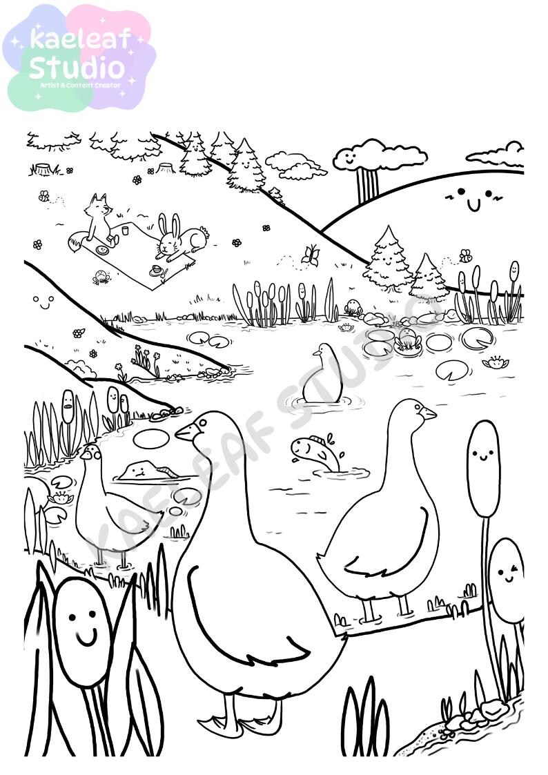 Duck Pond Coloring Pages: Hand-drawn Nature Scene (PDF & PNG Download ...