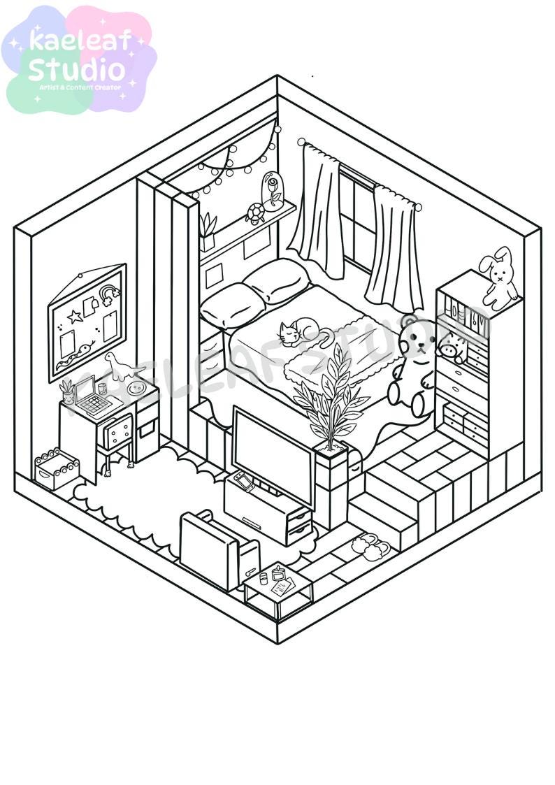 Isometric Room Printable Coloring Pages, Instant Download, Digital ...