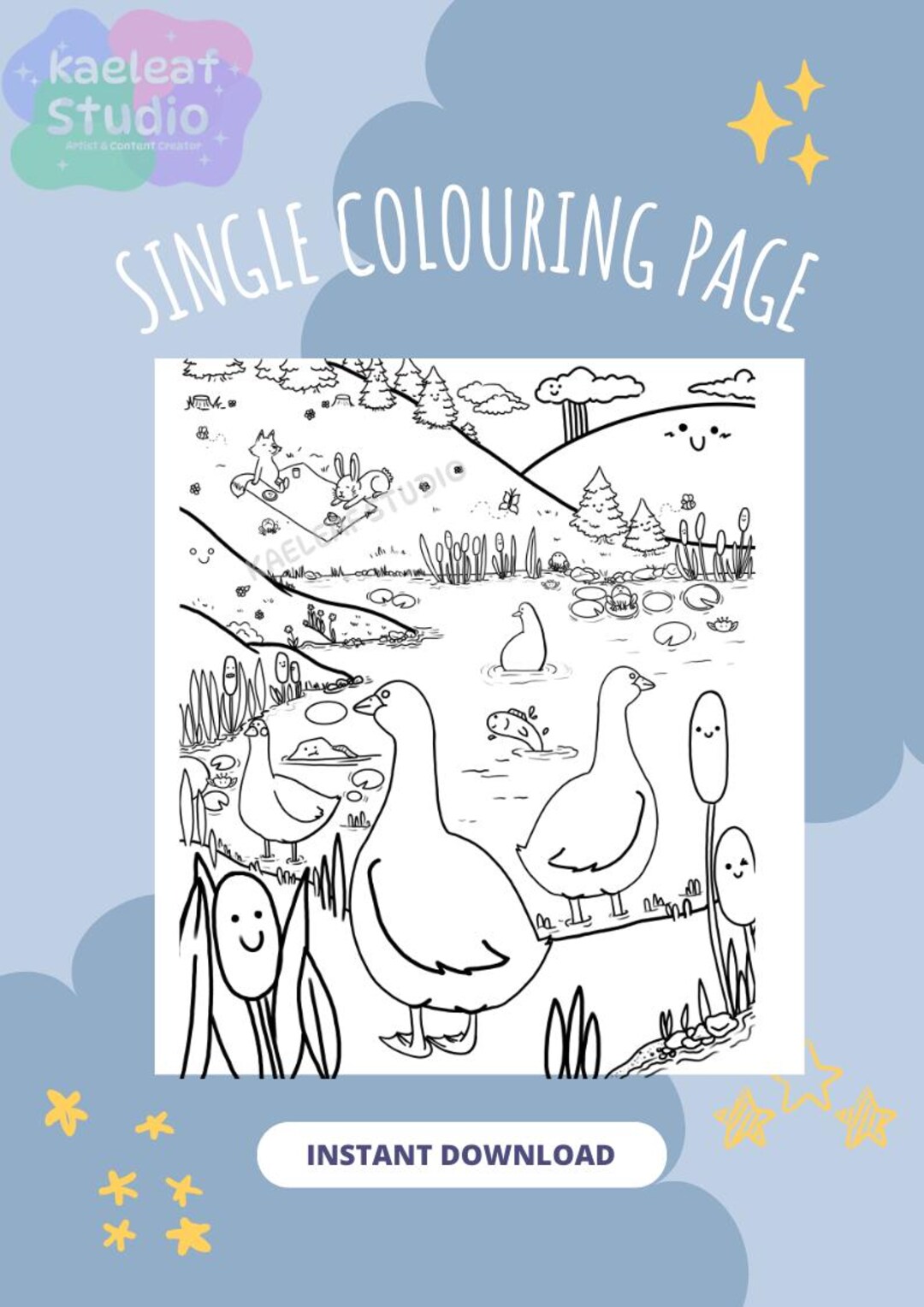 Cute Duck Pond Printable Coloring Pages, Instant Download, Digital ...