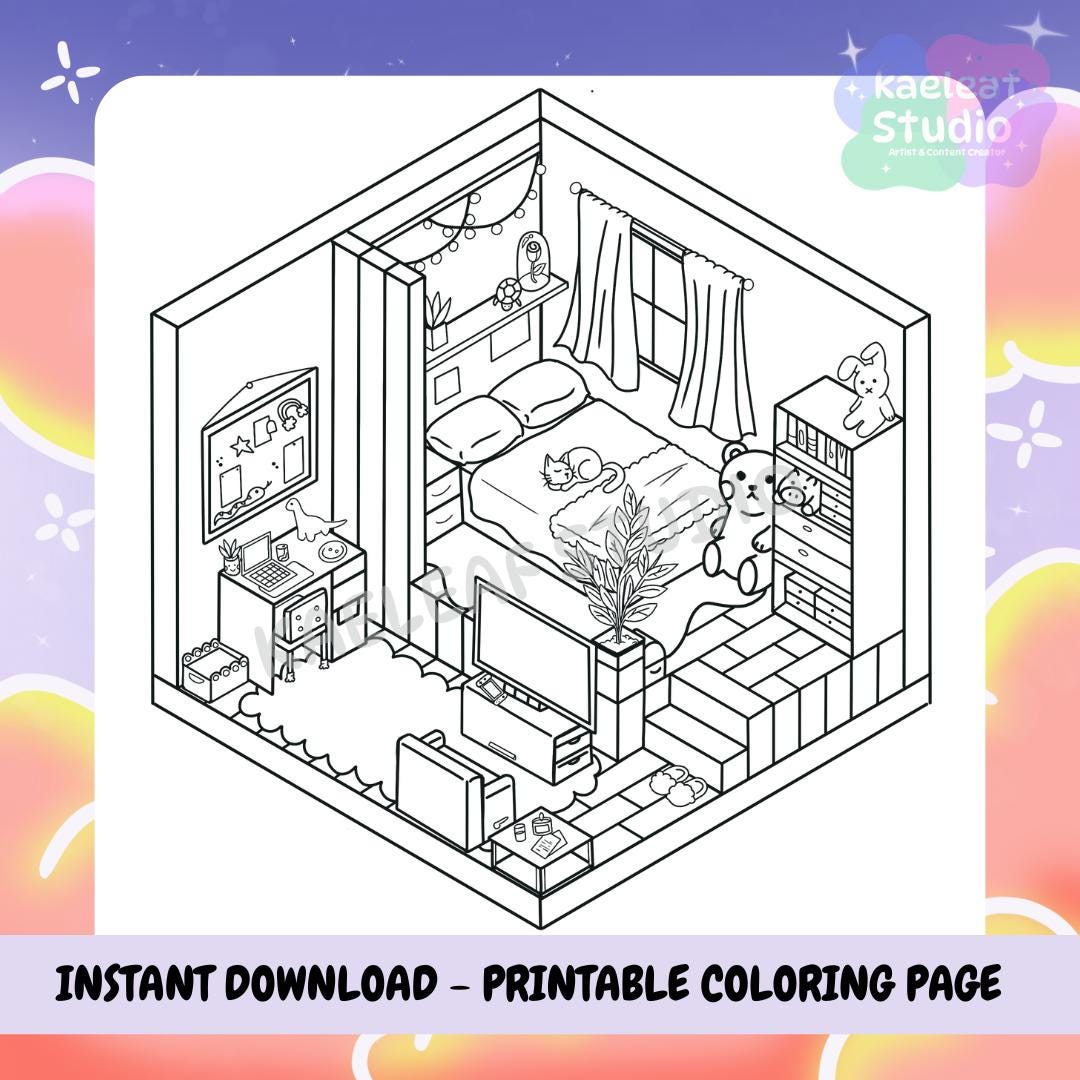 Isometric Room Printable Coloring Pages, Instant Download, Digital ...