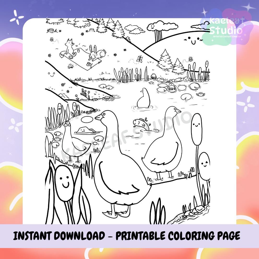 Duck Pond Coloring Pages: Hand-drawn Nature Scene (PDF & PNG Download ...