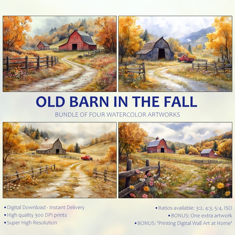 Old Barn Paintings | Bundle of 4 Watercolor Prints | Pictures of Old ...