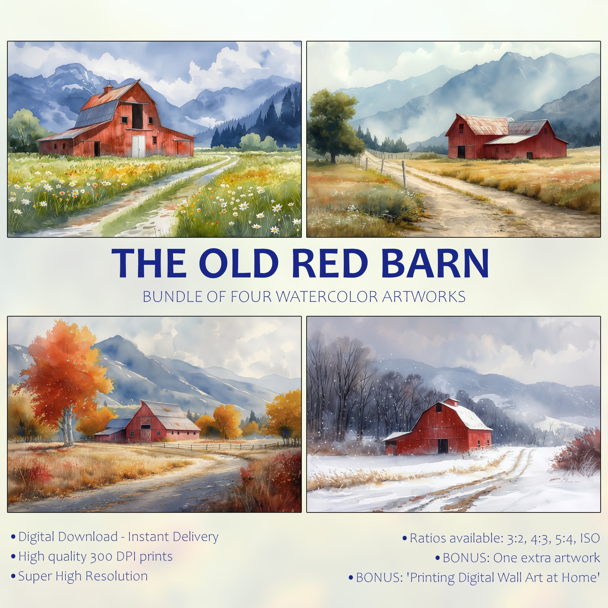 Old Barn Painting | Bundle of 4 Watercolor Prints | Prints of Old Red Barns Set in Beautiful ...