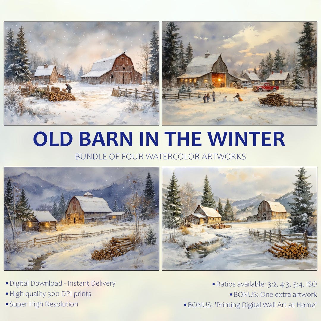 Cozy Winter Old Barn Paintings | Bundle of 4 Watercolor Prints | Prints ...