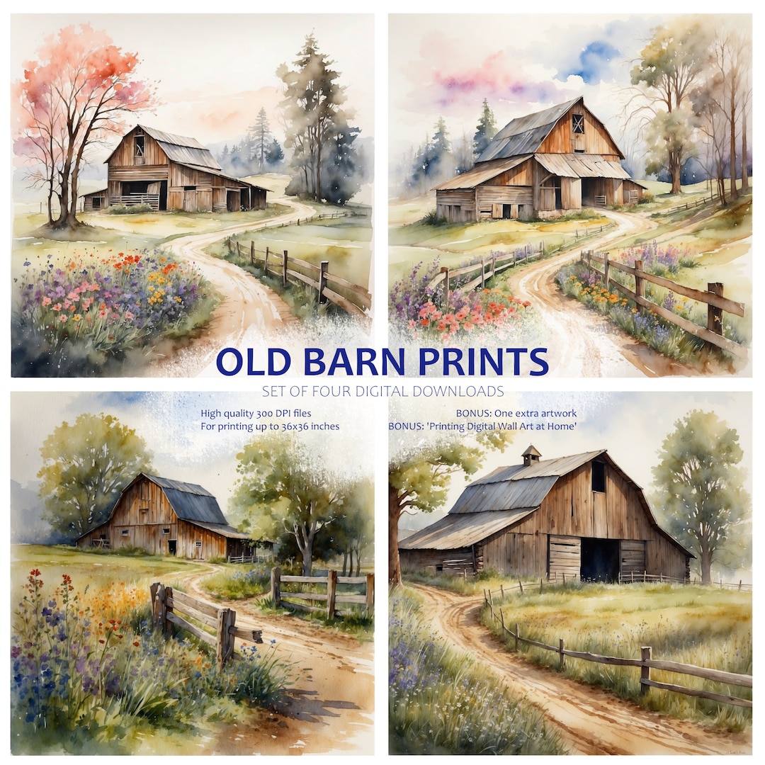 Old Barn Painting Set of 4 Watercolor Prints Prints of Old Weathered ...