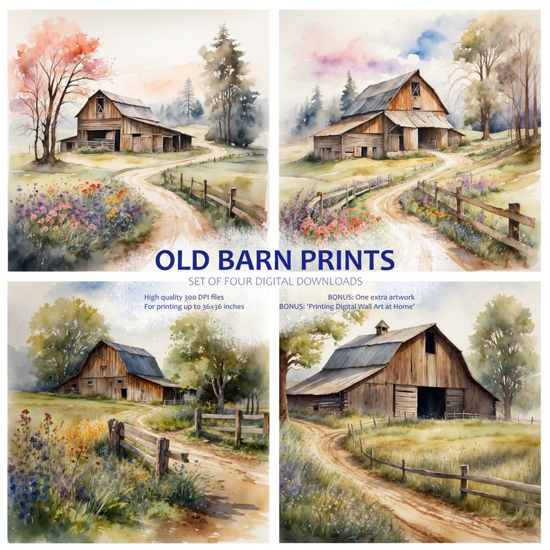 Old Barn Painting Set of 4 Watercolor Prints Prints of Old Weathered Barns Set in Beautiful ...