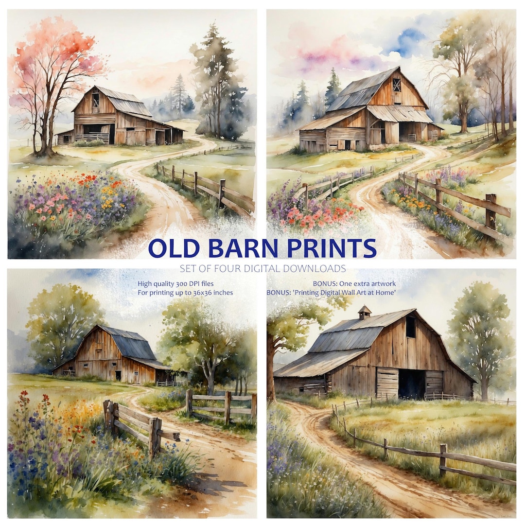 Old Barn Painting | Set of 4 Watercolor Prints | Prints of Old ...