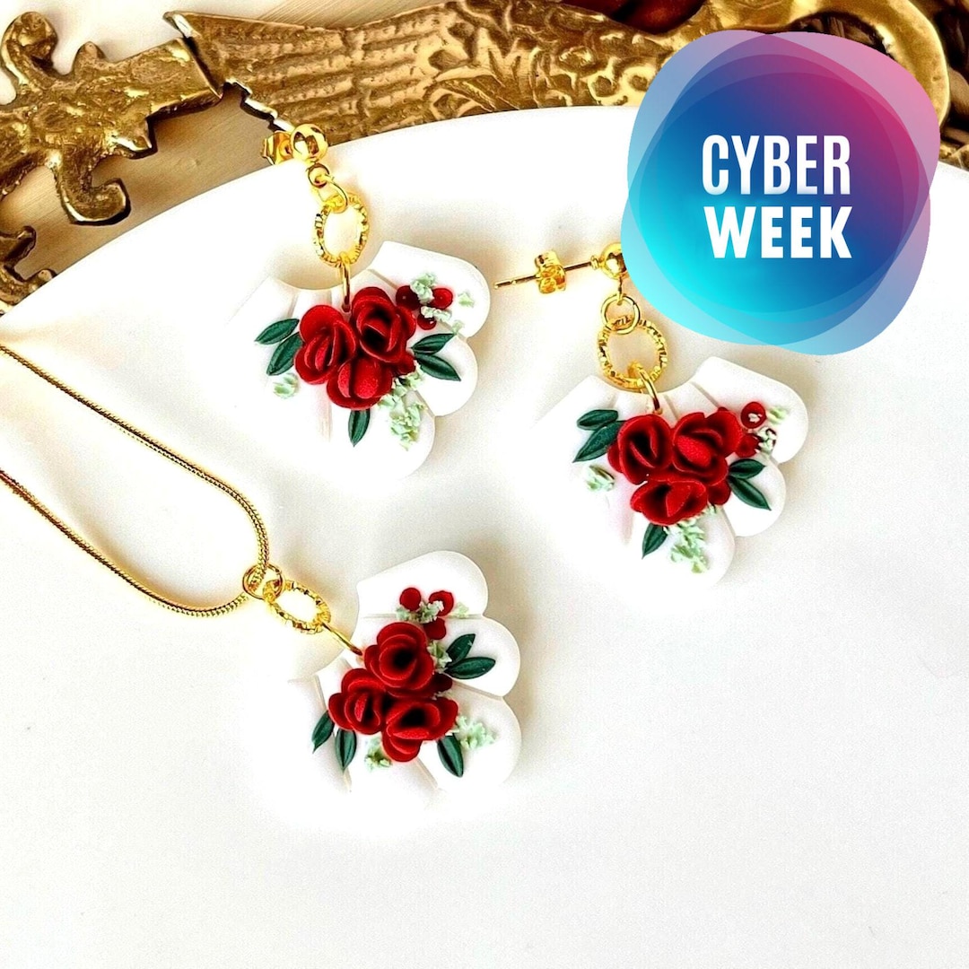 Romantic Red Rose Jewelry Set, Handmade Clay Floral Earrings & Pendant ...