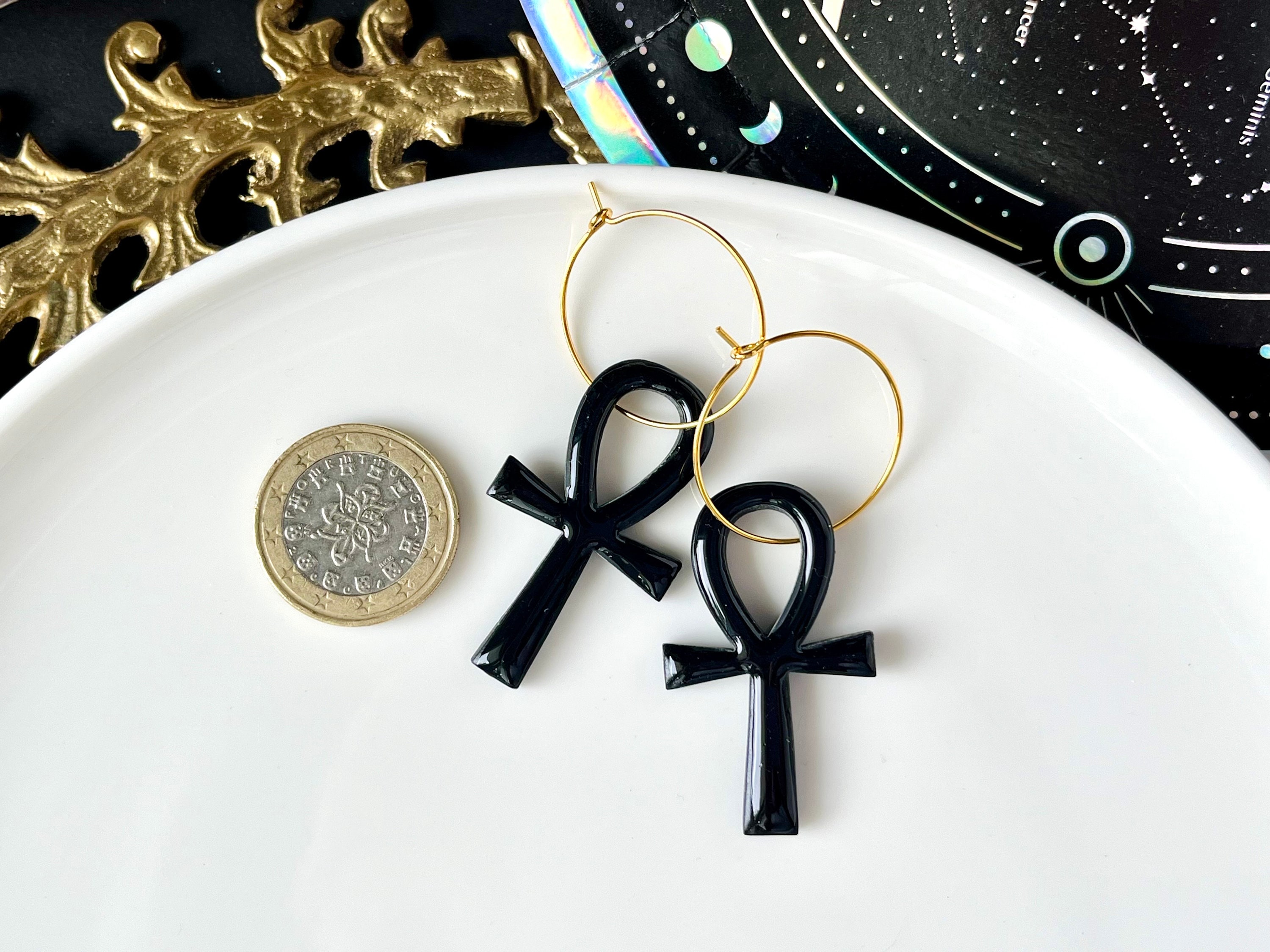 Cross of Life Set, Polymer Clay, Golden Earring With Ankh, Lilac Velvet ...