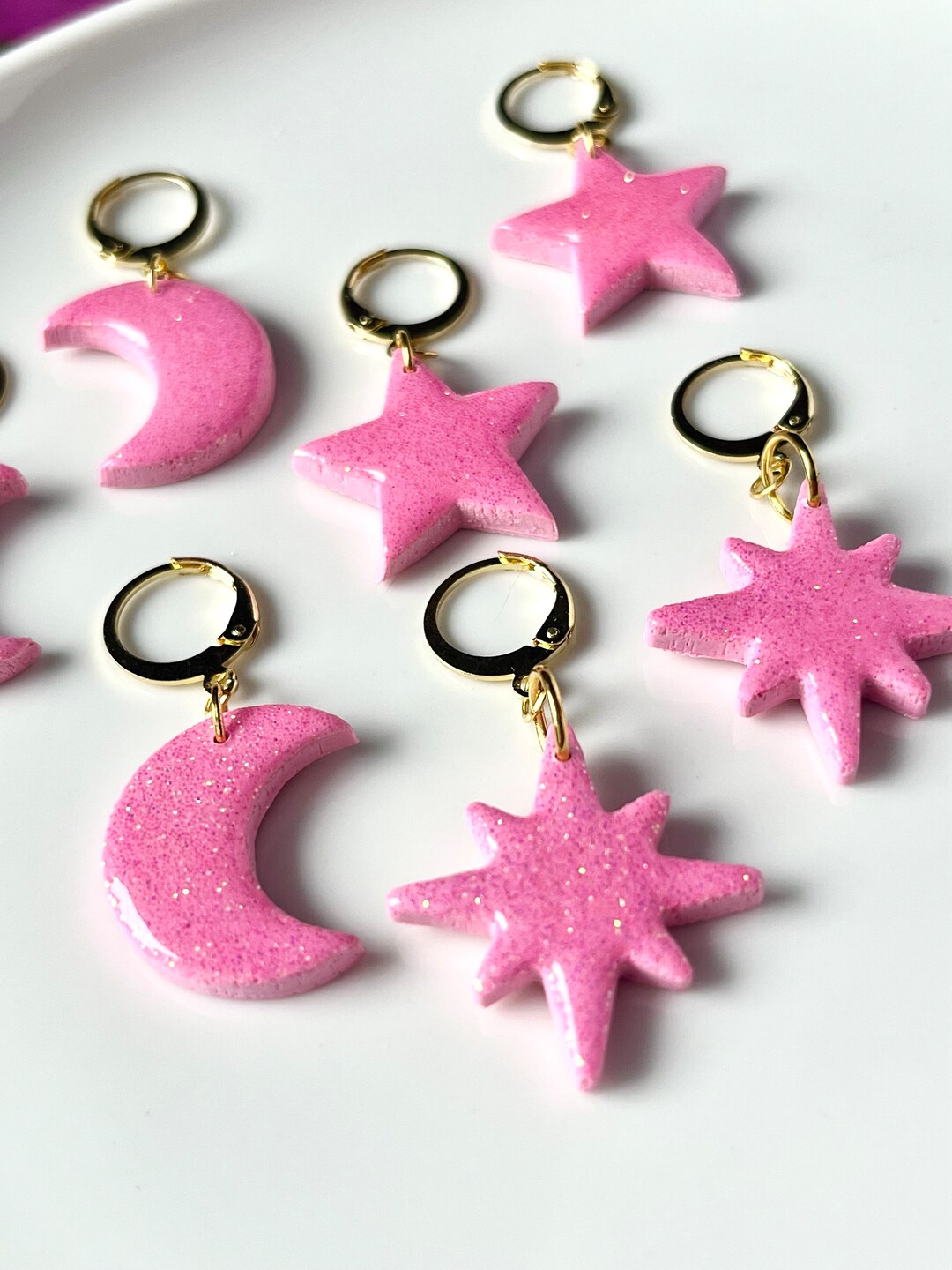 Small Pink Moon Earring With Polymer Clay Glitter, Celestial Earrings ...