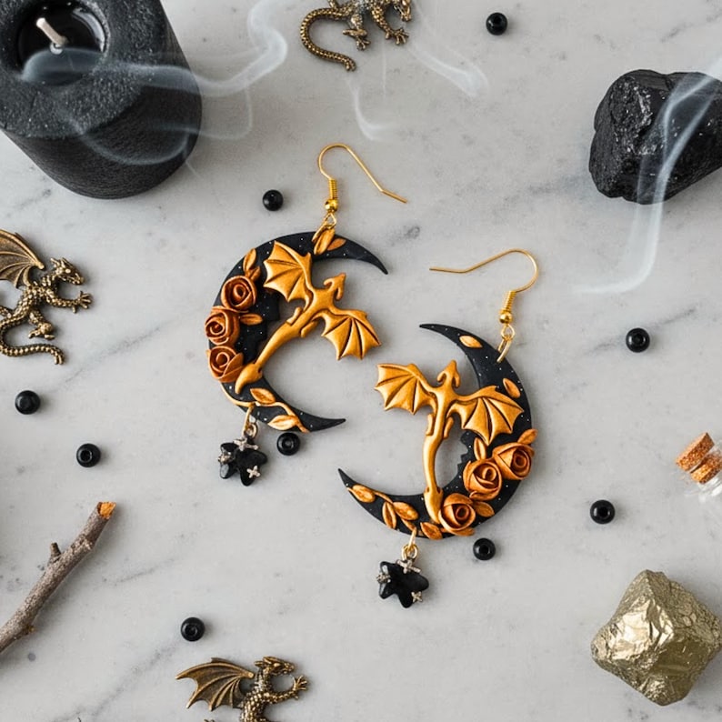 Gold Dragon Moon Earrings - Epic Fantasy Jewelry - Cosplay Accessories ...