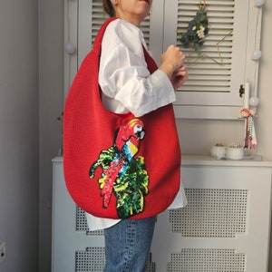 Red Slouchy Bag, Cute Tote Bag, Parrot Tote Purse, Sling Bag, Valentine ...