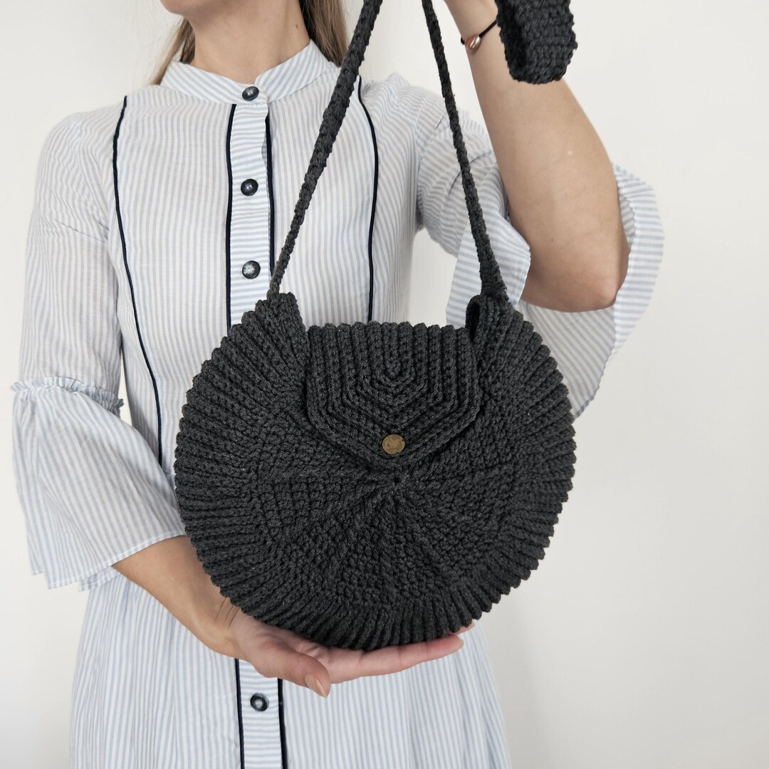 Handmade Anthracite Crochet Circle Bag, Macrame Crossbody With Snap - Etsy