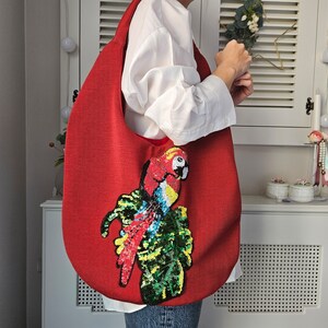 Red Slouchy Bag, Cute Tote Bag, Parrot Tote Purse, Sling Bag, Valentine ...