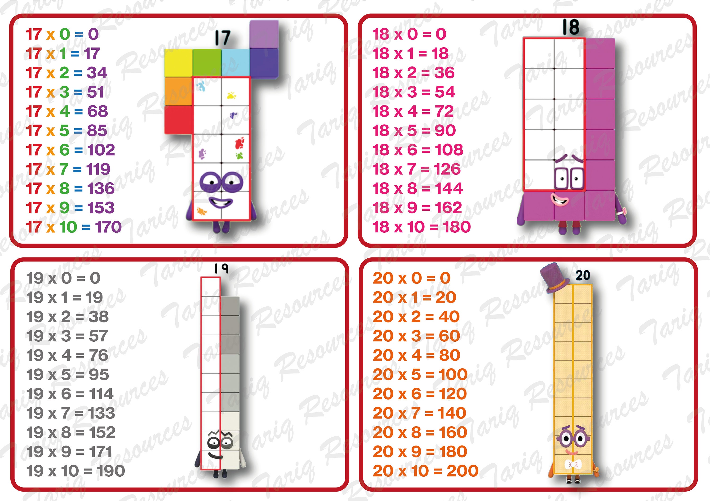 Multiplication Cards 1-20 Times Tables PDF / PNG Instant Download - Etsy
