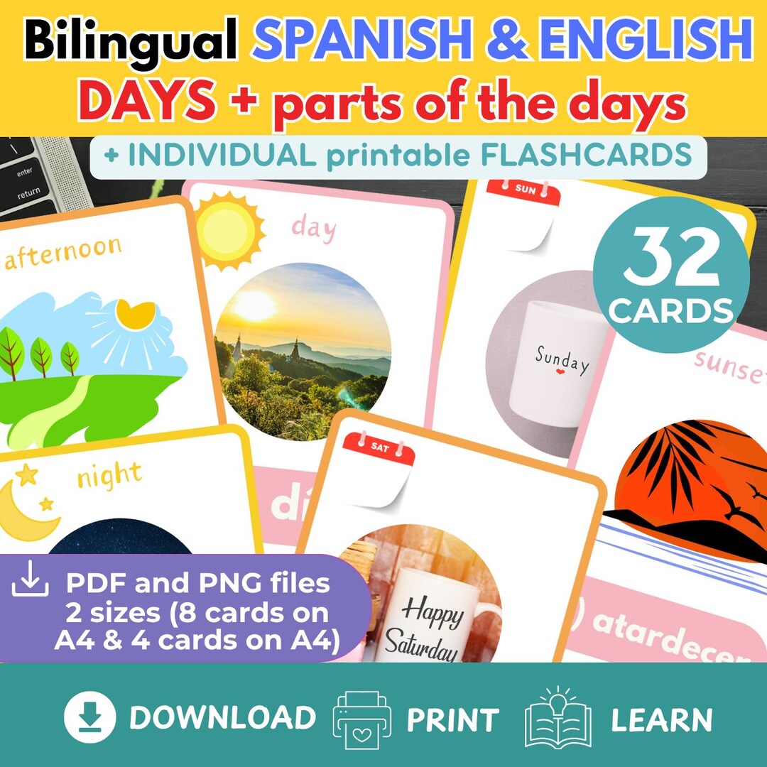 SPANISH Days of the Week Flashcards | Spanish English Educational ...