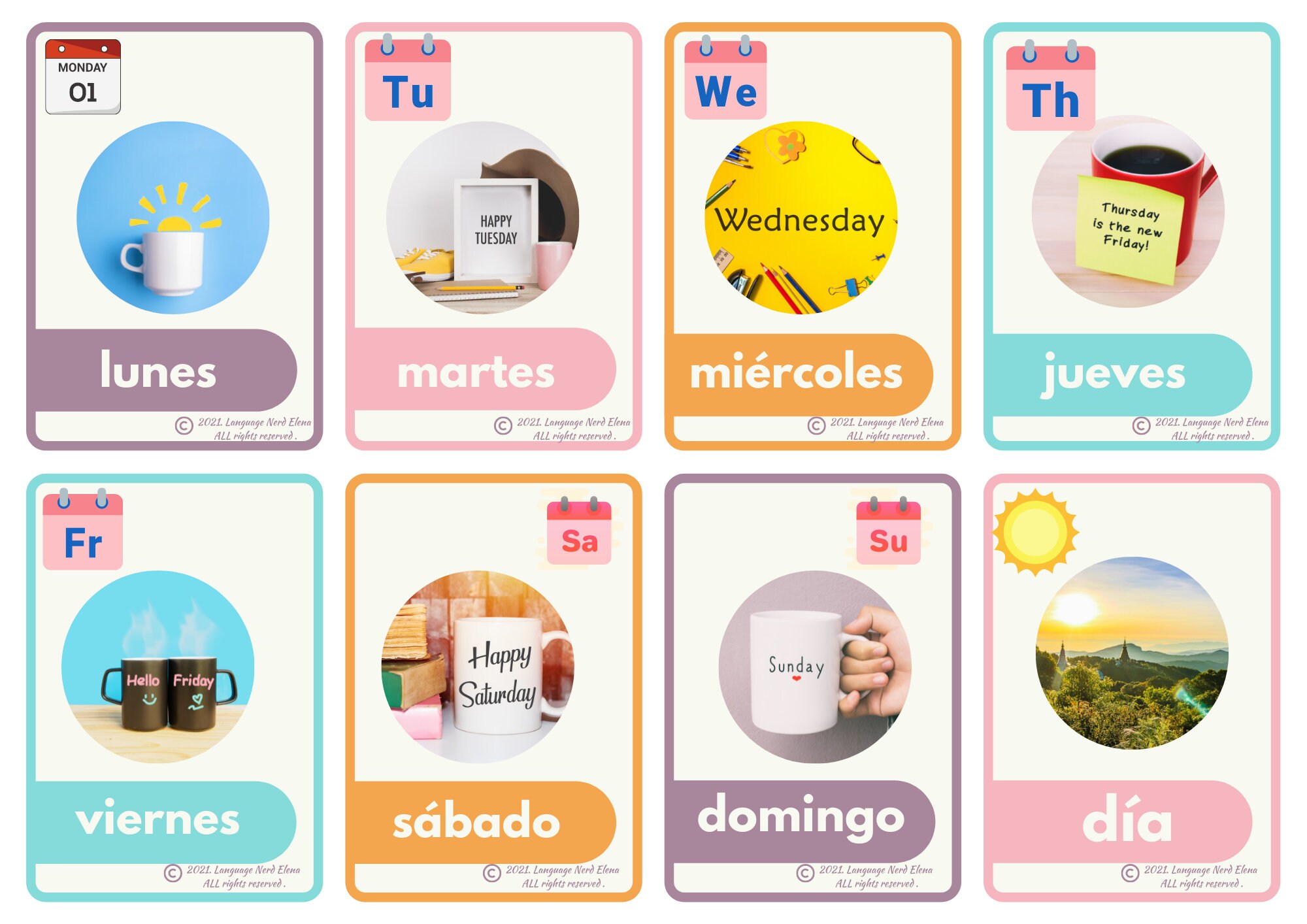 SPANISH Days of the Week Flashcards Educational Printable Flashcards ...