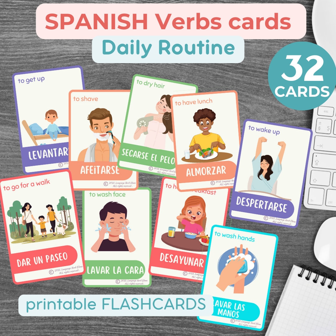 Spanish Verb Flashcards Daily Routine Verbs Bilingual English Spanish ...