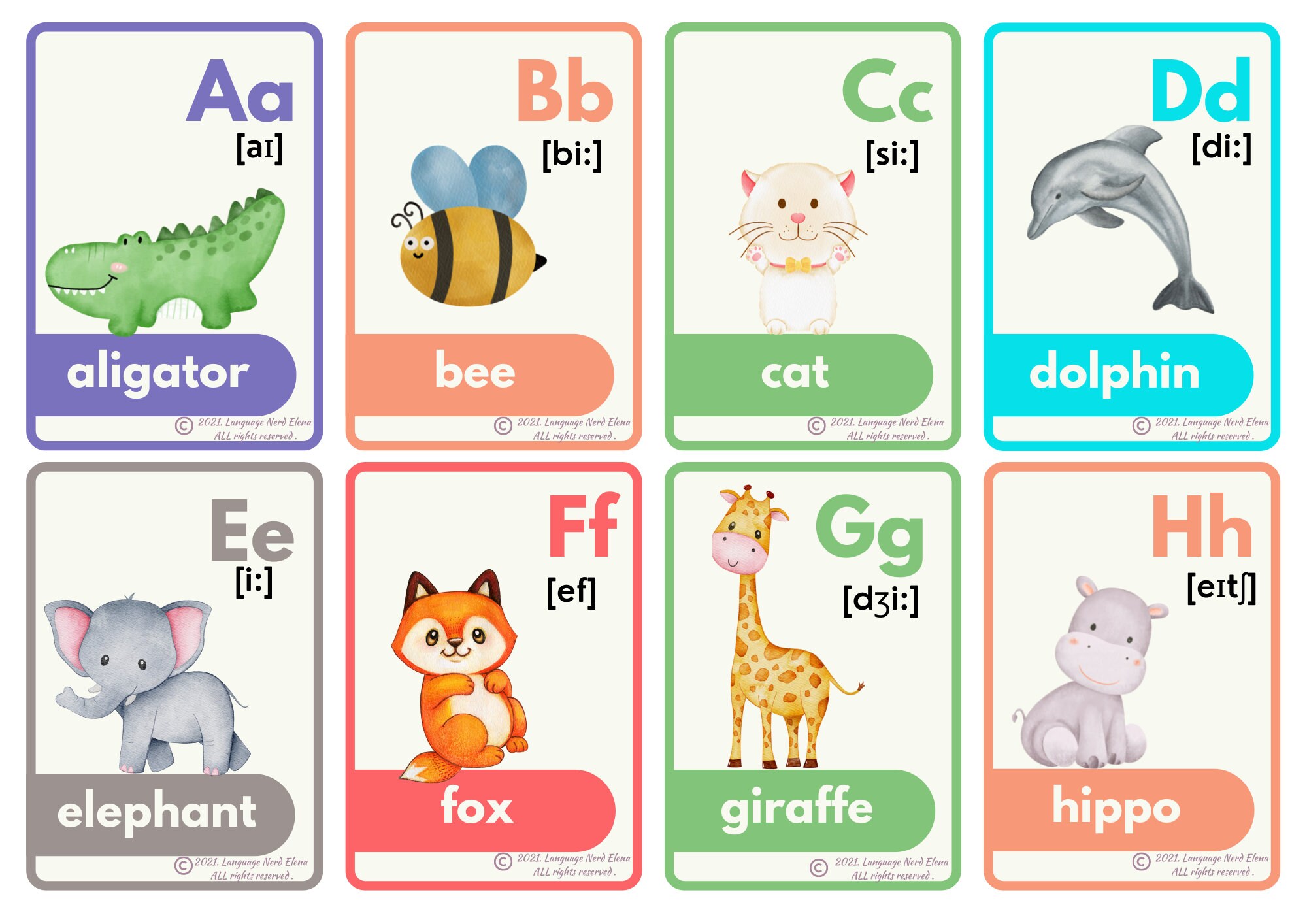 ENGLISH ALPHABET Flashcards in Animal Designs Kids Nursery Educational ...