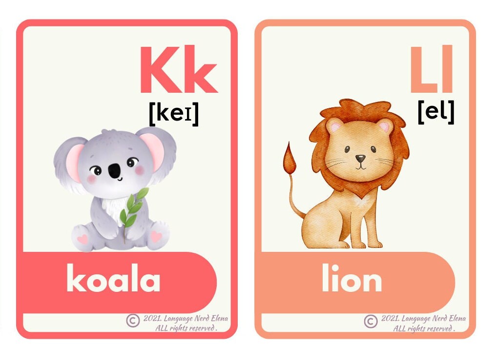 ENGLISH ALPHABET Flashcards in Animal Designs Kids Nursery Educational ...