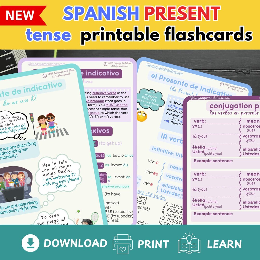 Conjugating SPANISH Grammar Basics Bundle A5 Flashcards Spanish PRESENT ...