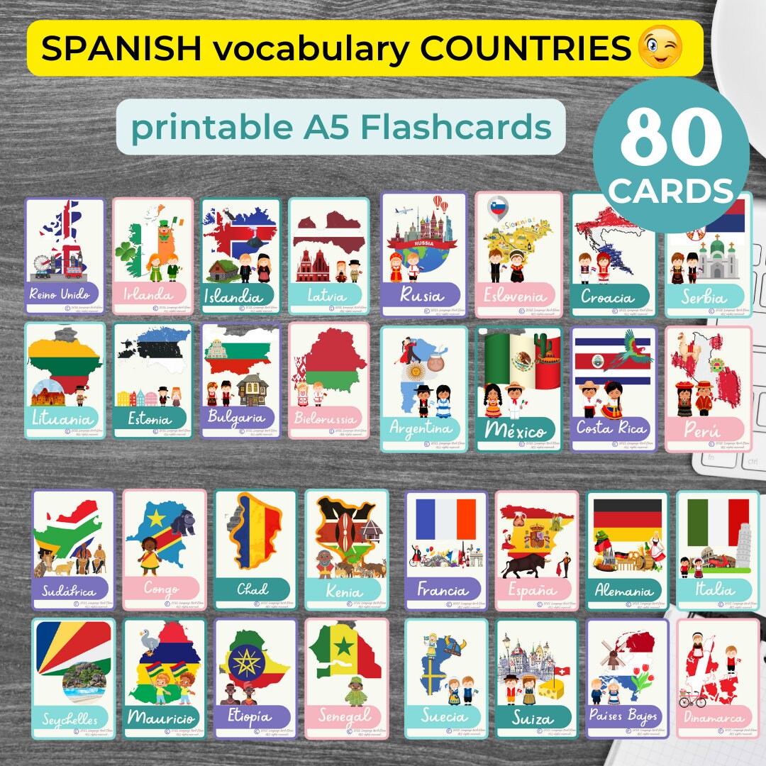 SPANISH Countries Flashcards SPANISH Educational Printable Flashcards ...