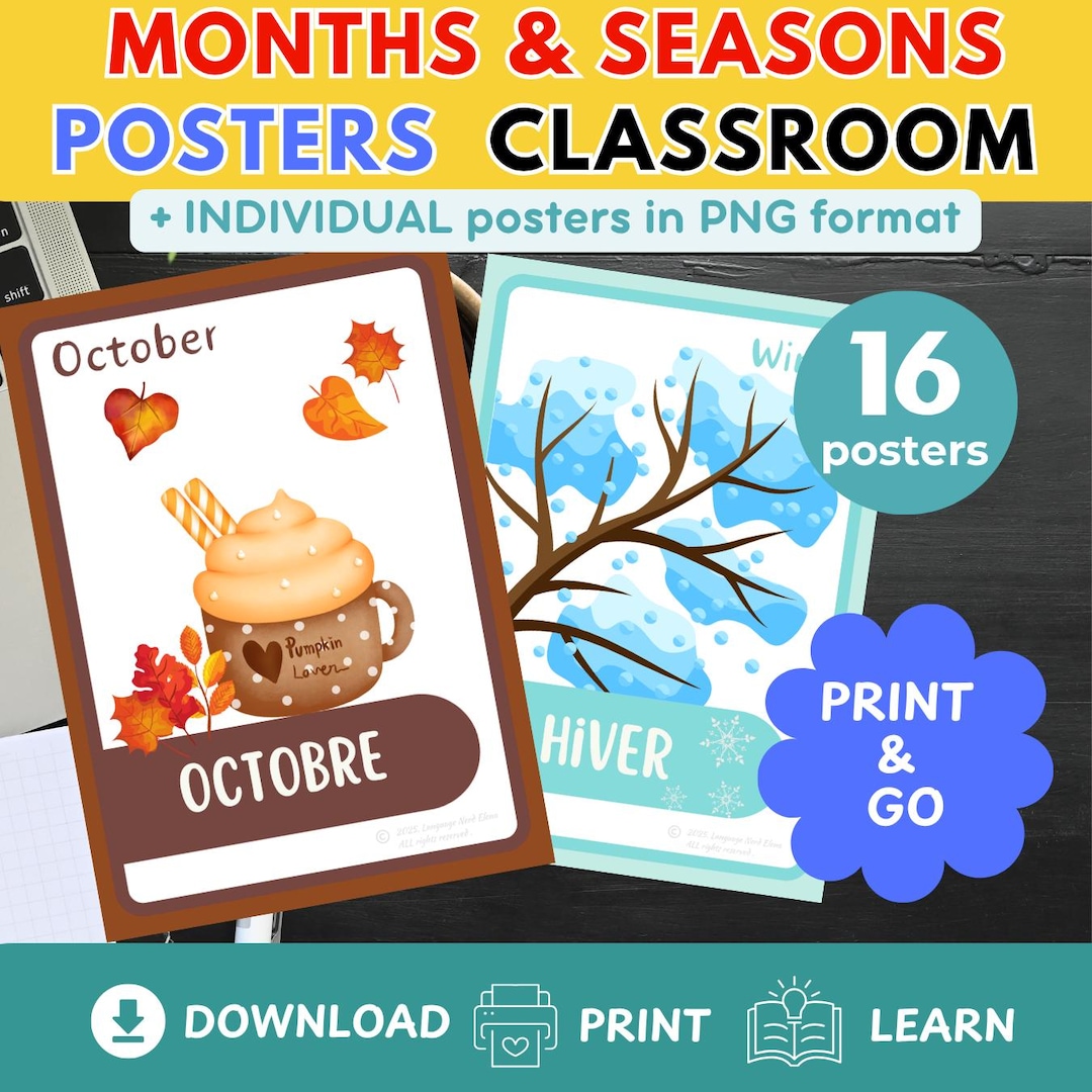 French Months and Seasons Classroom Posters: Bilingual Decor (digital ...