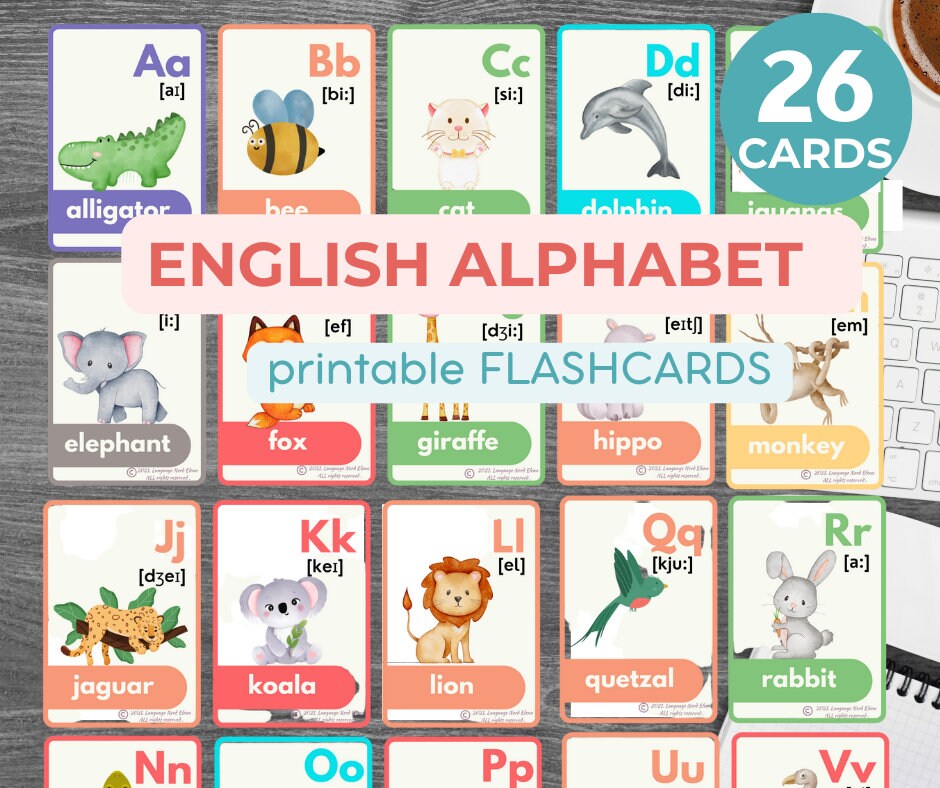 ENGLISH ALPHABET Flashcards in Animal Designs Kids Nursery Educational ...