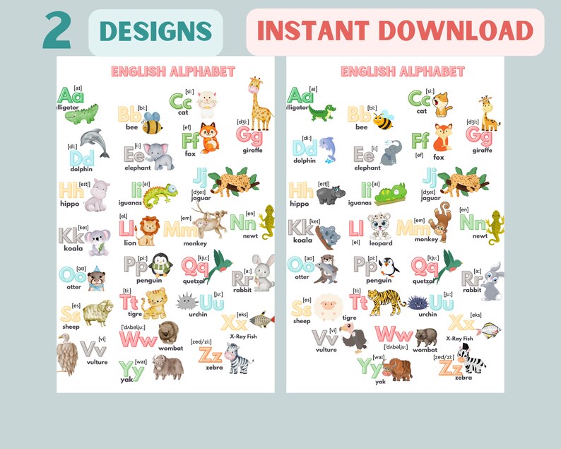 ENGLISH ALPHABET Poster in 2 Designs English for BEGINNERS Educational ...