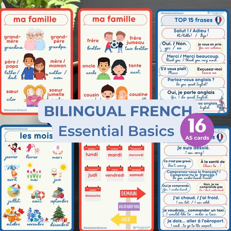 Bilingual FRENCH BASICS BUNDLE Flashcards French Educational Printable ...