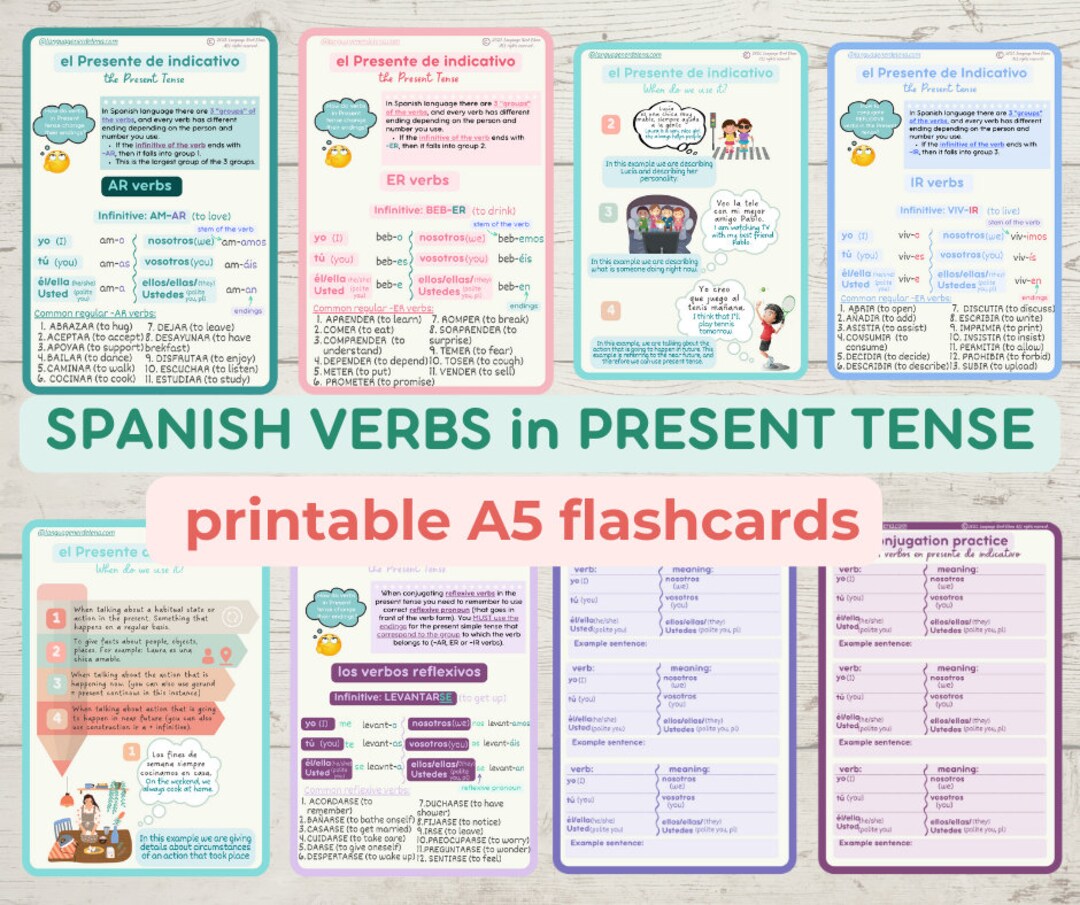 Conjugating SPANISH Grammar Basics Bundle A5 Flashcards Spanish PRESENT ...