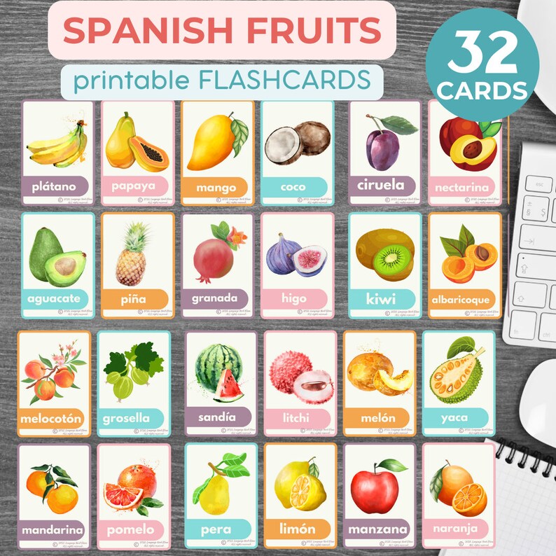 Spanish & English Fruits Cards Watercolour Fruits Cards - Etsy