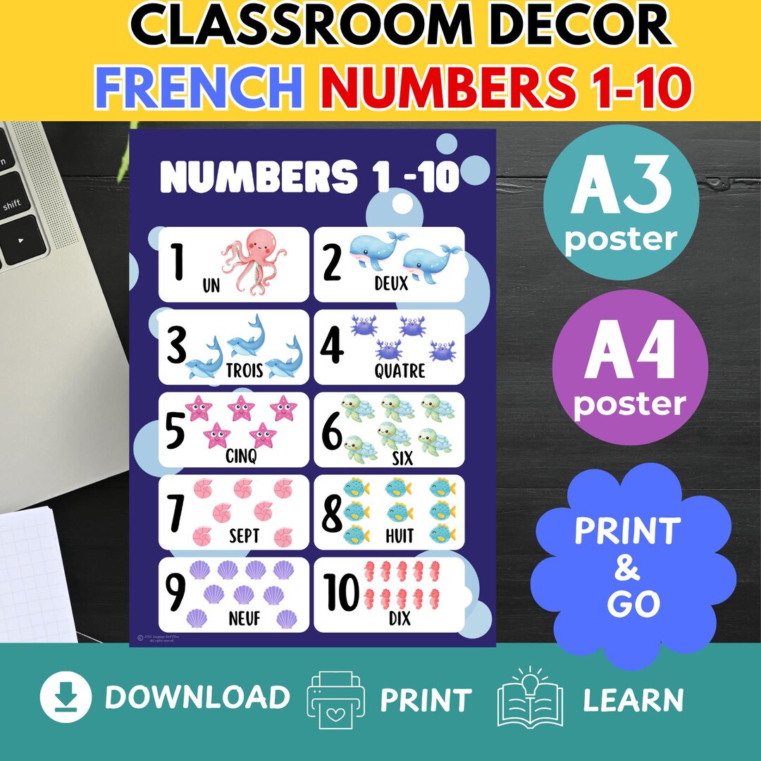 FRENCH Classroom Decor Numbers Counting 1-10 Poster Printable Preschool ...
