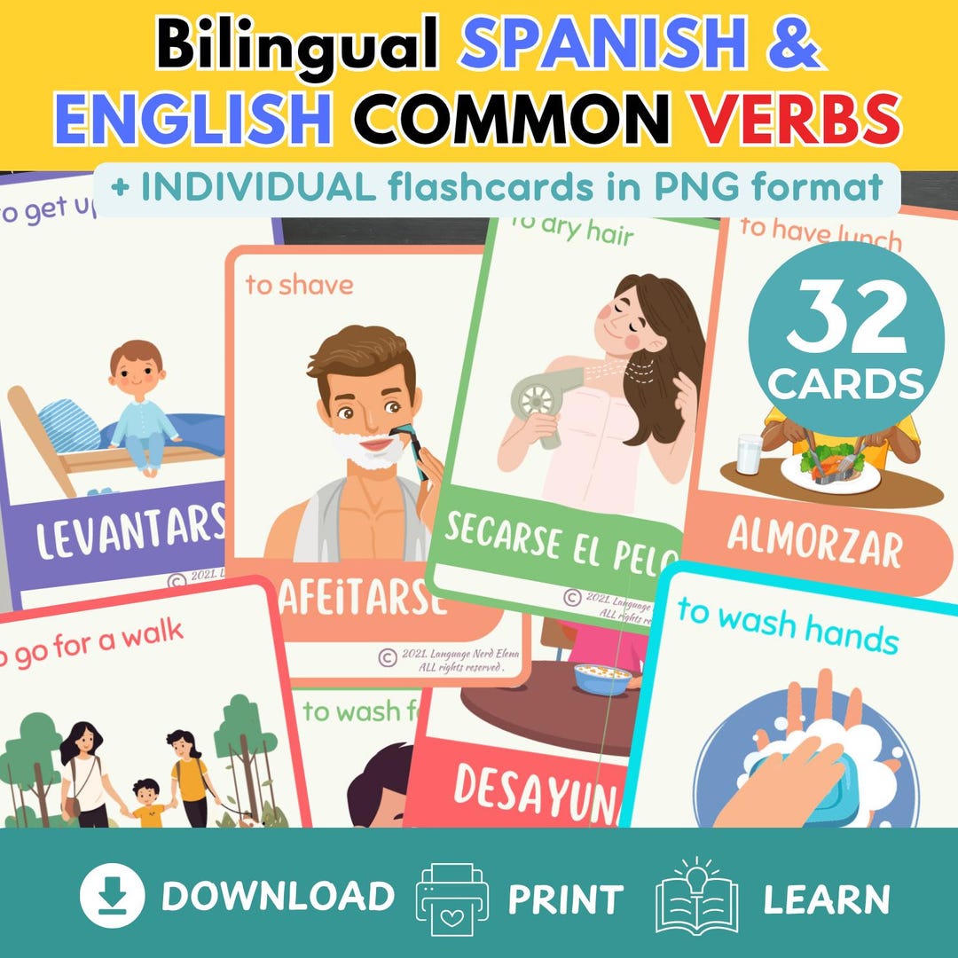 Conjugating Spanish Verb Flashcards Daily Routine Verbs Bilingual ...