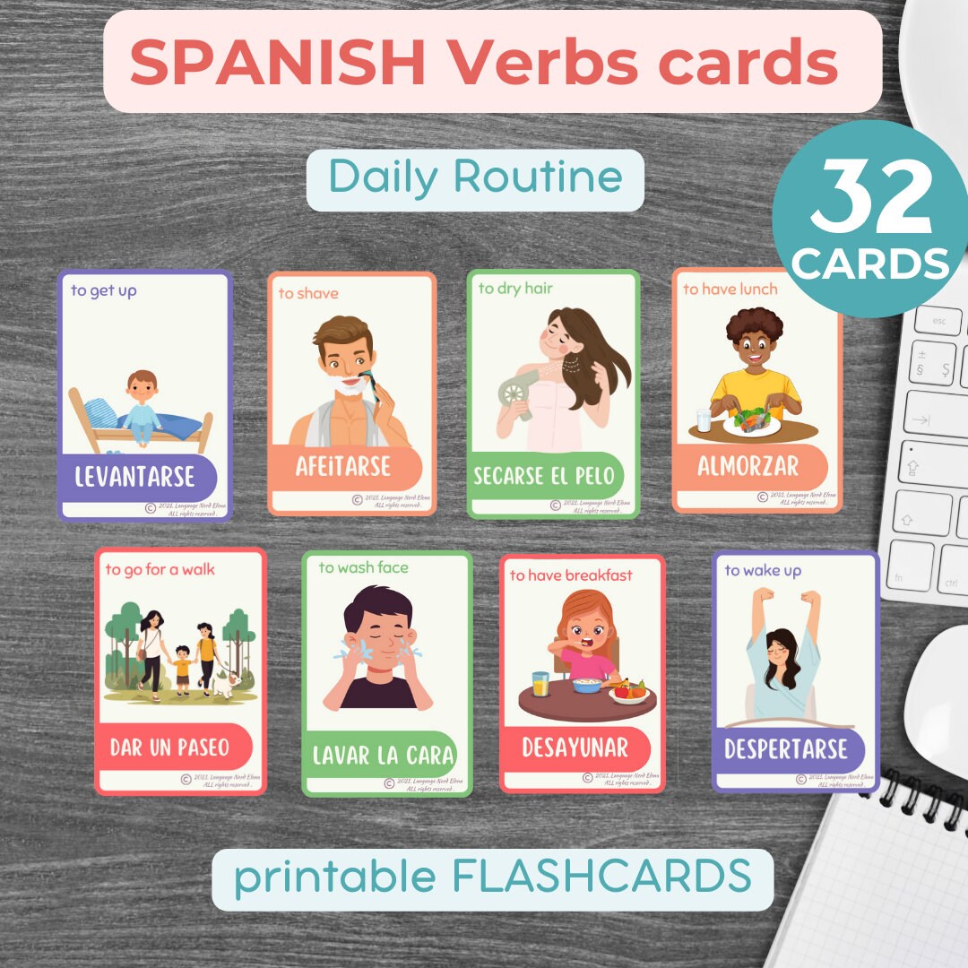 Spanish Verb Flashcards Daily Routine Verbs Bilingual English Spanish ...