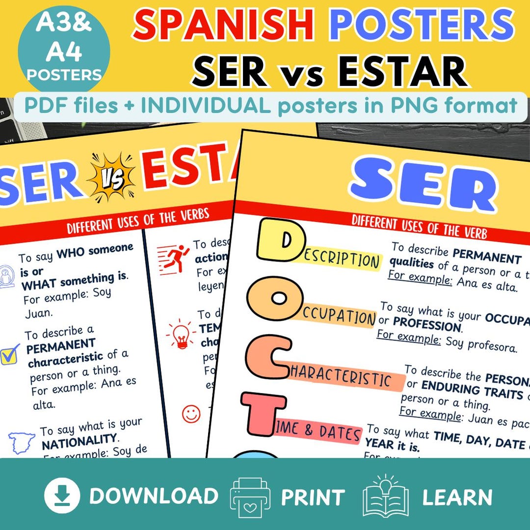 Spanish Verbs Ser Vs Estar Poster: Grammar Visual Aid (digital Download ...